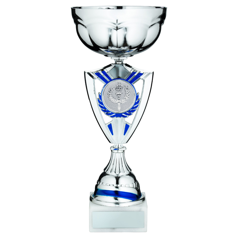 Silver/Blue Shield Trophy Cup | Tall Trophy Cup | Add Bespoke Centres